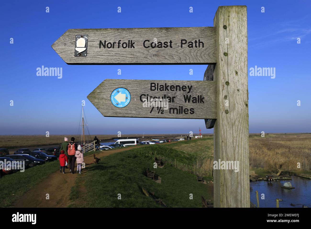 Footpath sign at the quay, Blakeney village, North Norfolk, England, UK ...