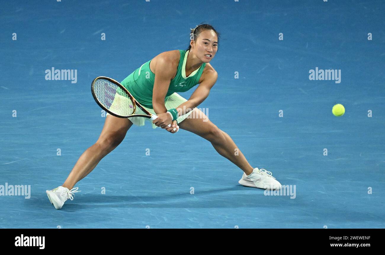Melbourne, Australia. 27th Jan, 2024. Qinwen Zheng of China returns during the Women's Singles ...