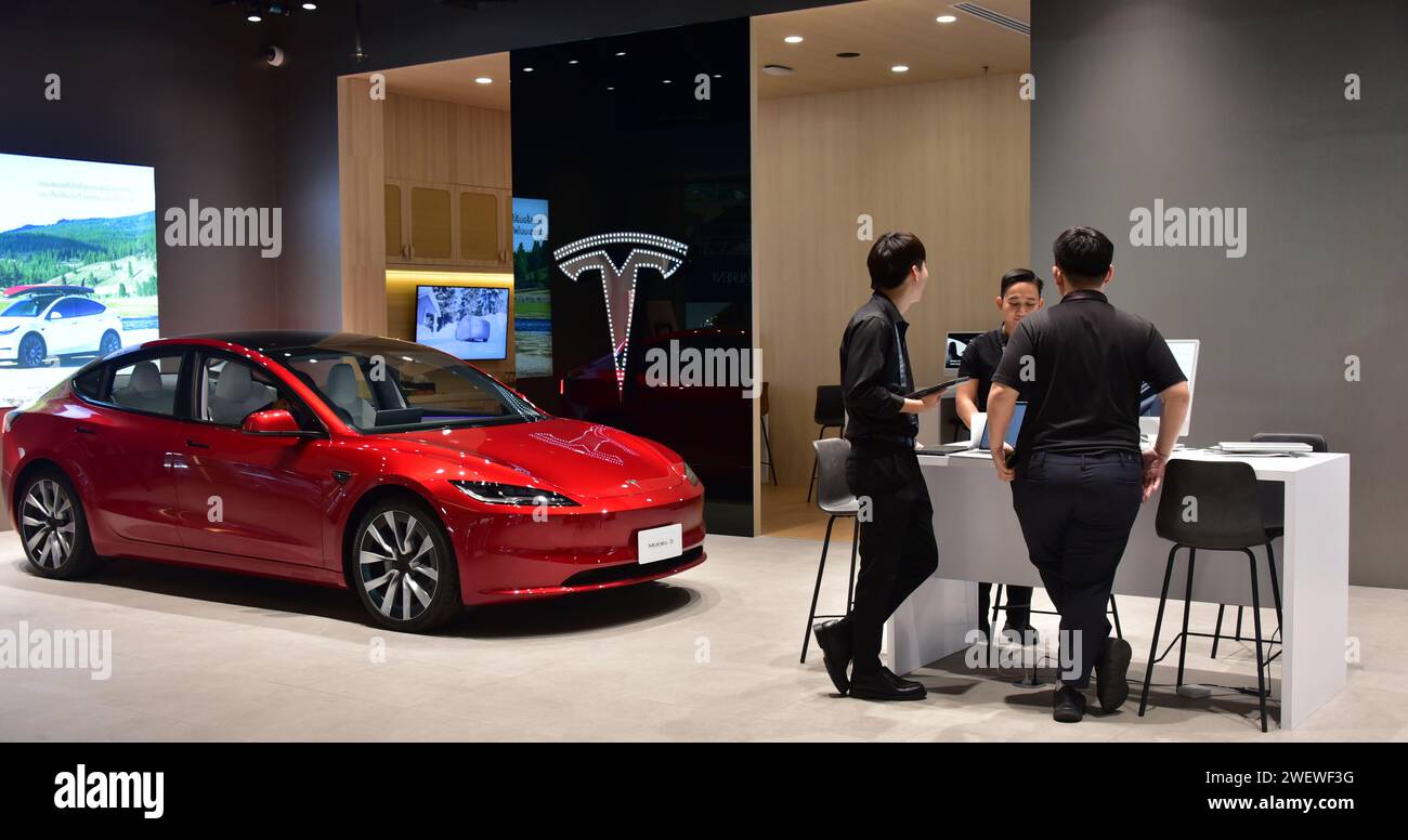 Tesla car on display at a Tesla dealership or showroom in Siam Mall or ...