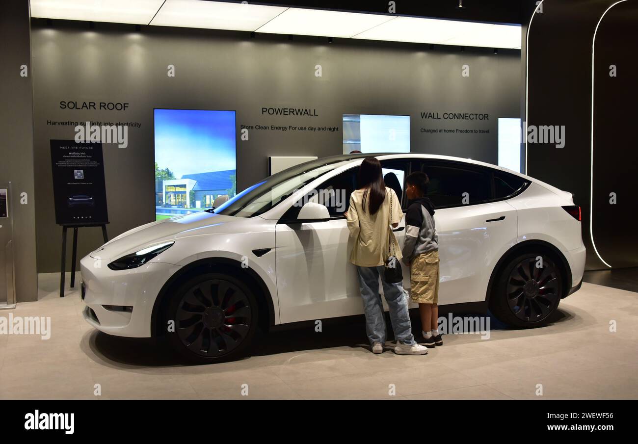 A young girl and a young boy look in the side window of a Tesla car on ...