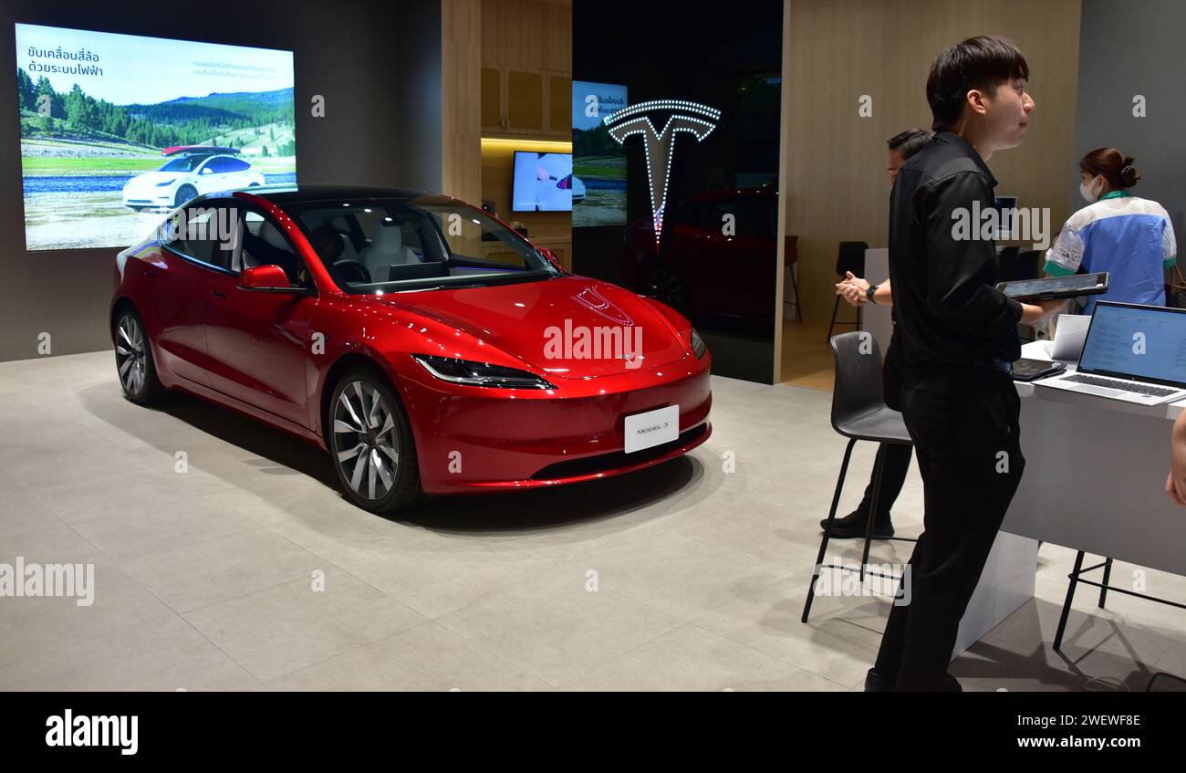 Tesla car on display at a Tesla dealership or showroom in Siam Mall or ...