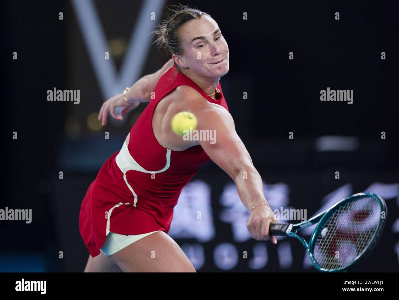 Melbourne, Australia. 27th Jan, 2024. Aryna Sabalenka of Belarus hits a return during the women ...