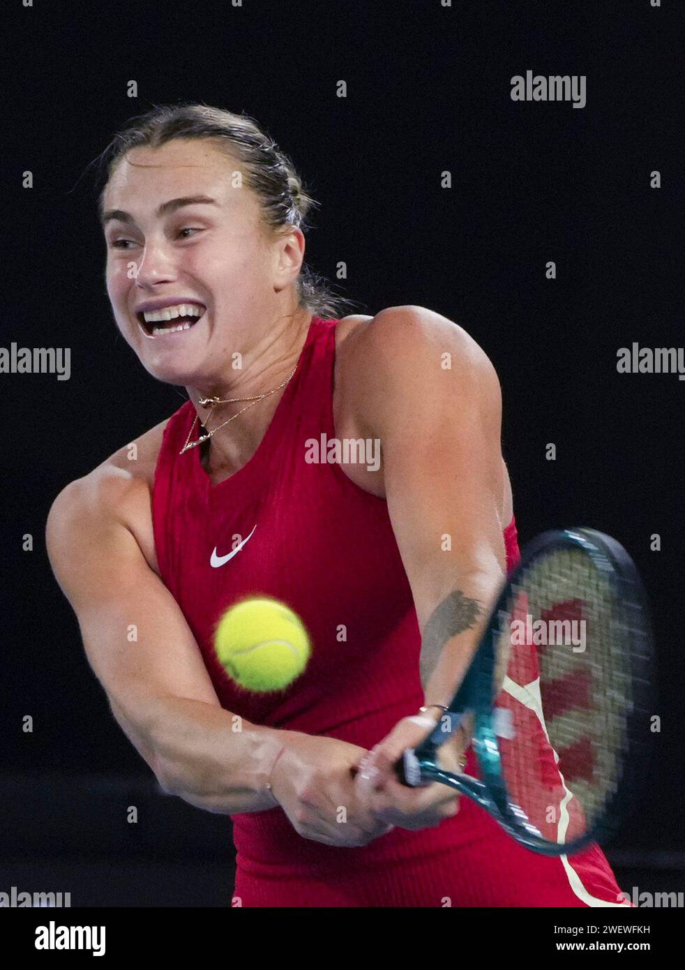 Melbourne, Australia. 27th Jan, 2024. Aryna Sabalenka of Belarus hits a return during the women ...