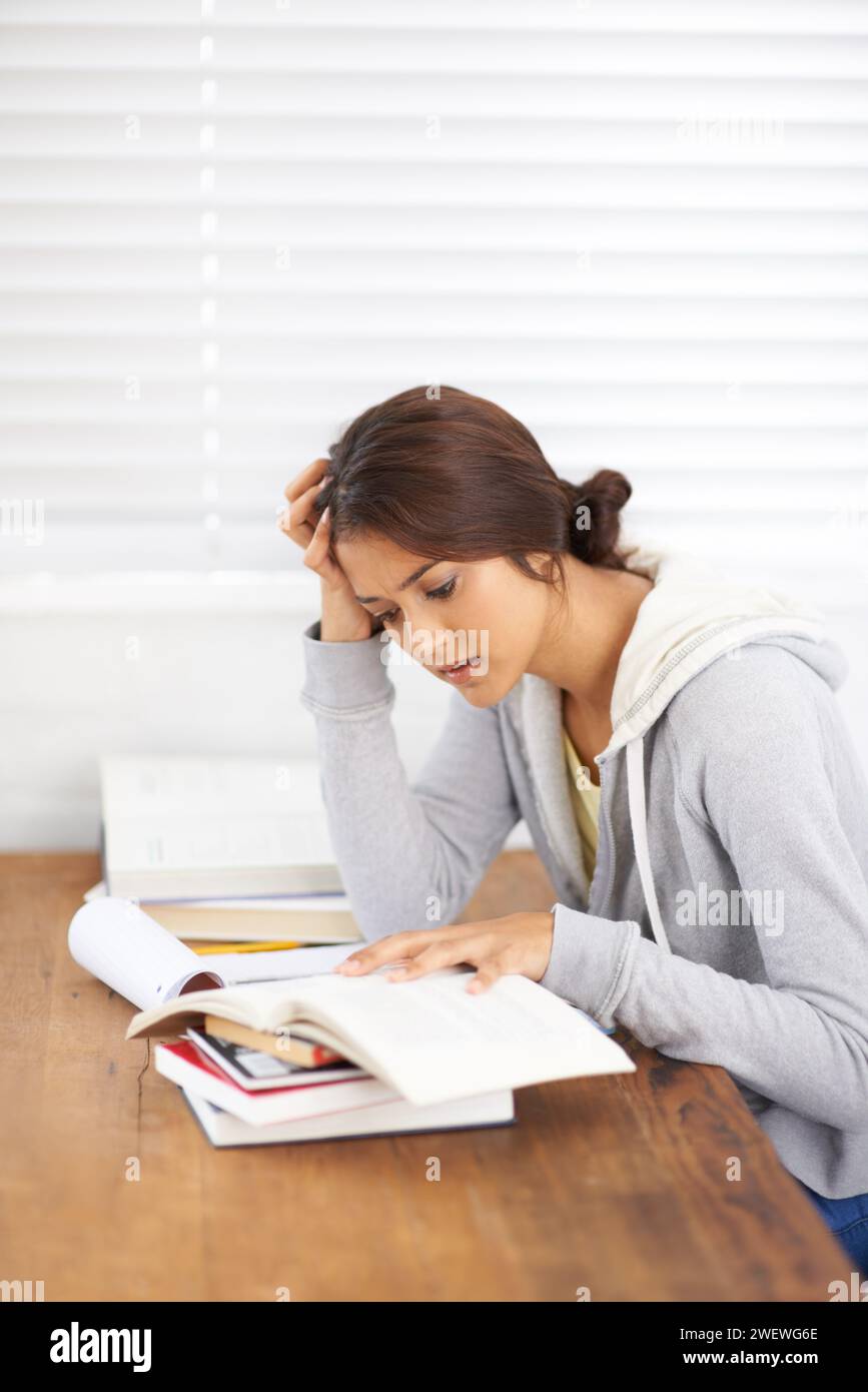Student, woman and reading with books for study, knowledge and confused ...