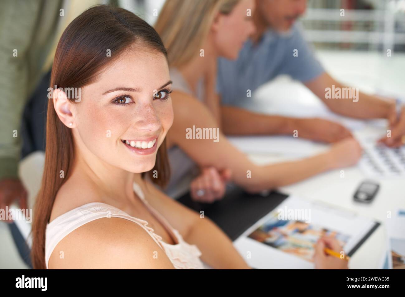 Design, magazine and portrait of woman in meeting with team project ...