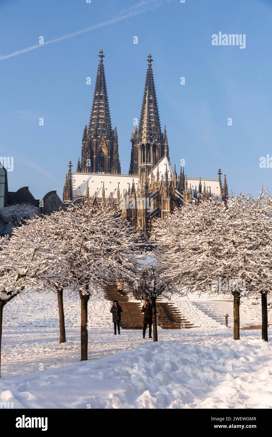 view from the Rhinegarten to the cathedral and the Museum Ludwig, snow ...