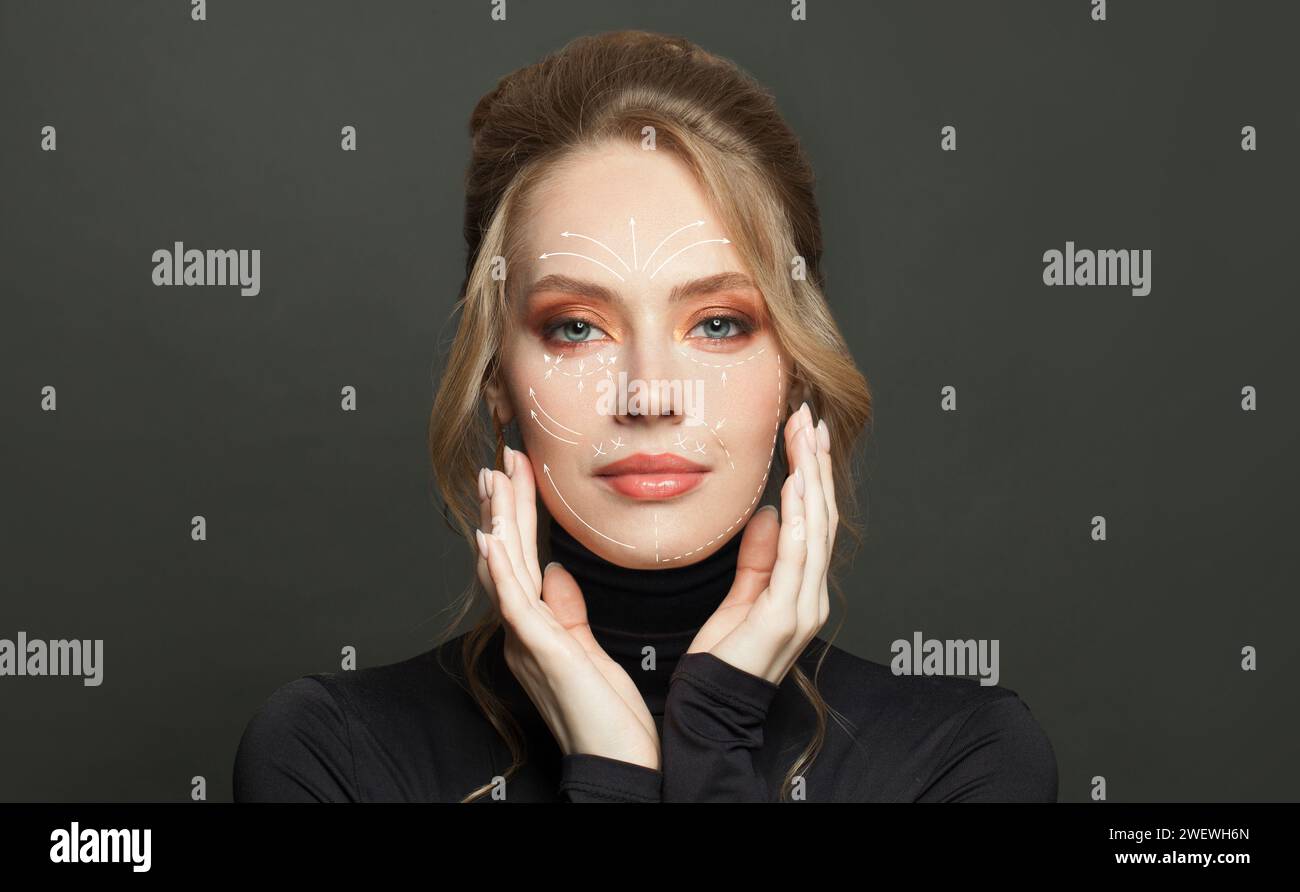 Young attractive woman with white arrows over face. Anti aging ...