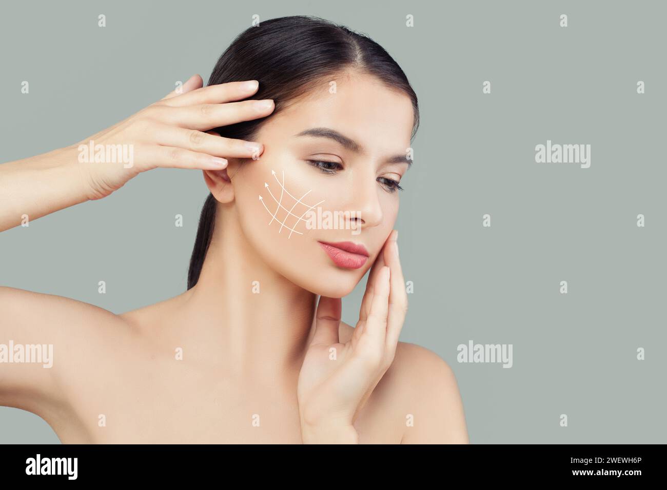 Attractive woman. Face lift anti-aging lines on young female face ...