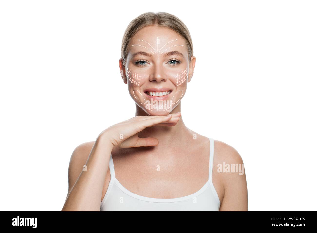 Beautiful female face with cute smile. Skin marked with arrows on the ...