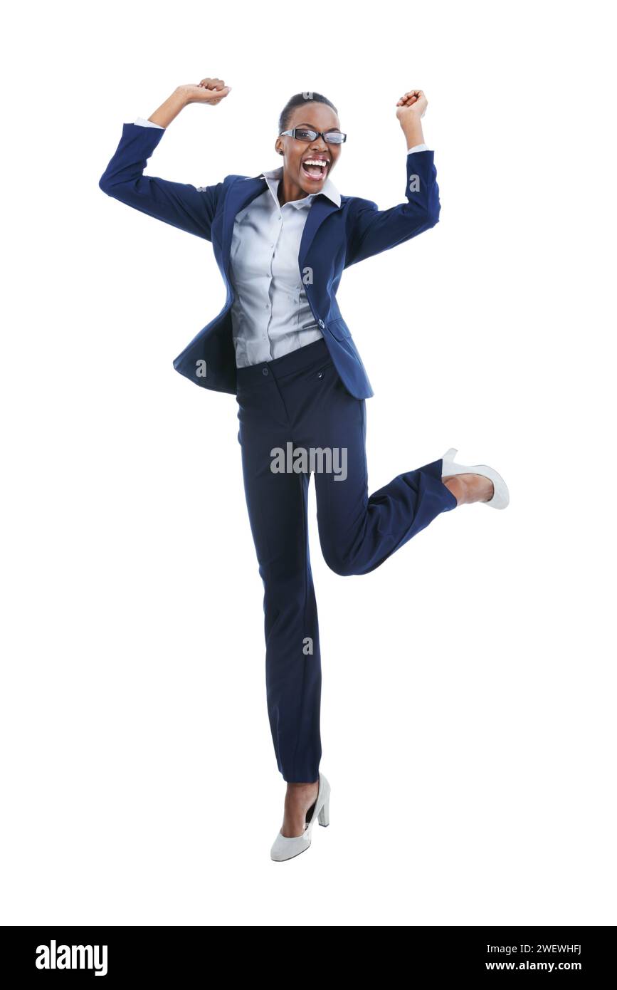 Business winner, portrait and black woman jump in air for celebration ...