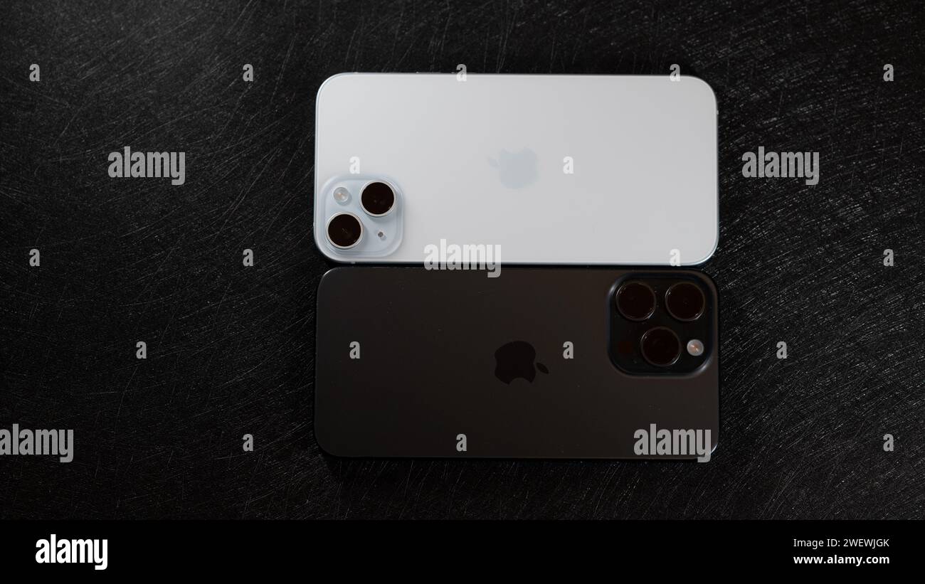 Jurmala, Latvia - 09 01 2024: On Black table new iPhone 15 Blue ...