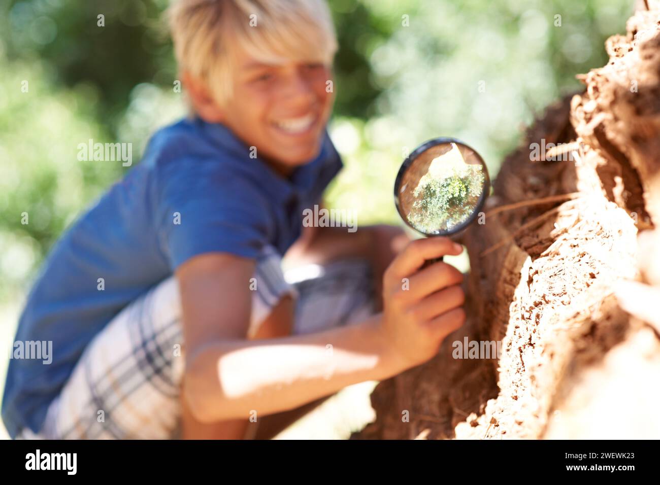 Magnifying glass, search and nature with curious boy outdoor in park ...