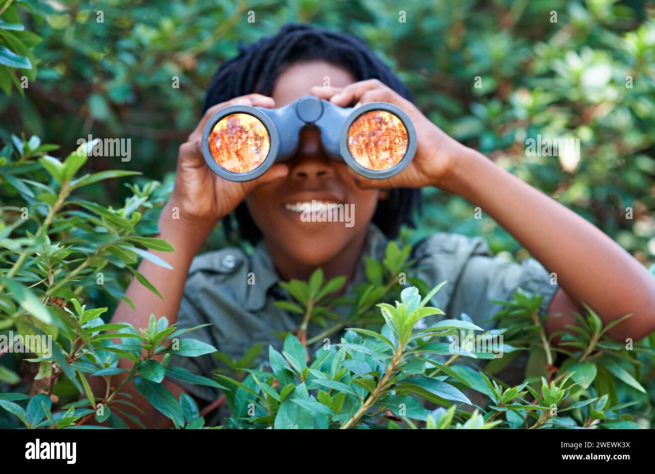 Nature trees, binocular and child watch wilderness view on adventure ...