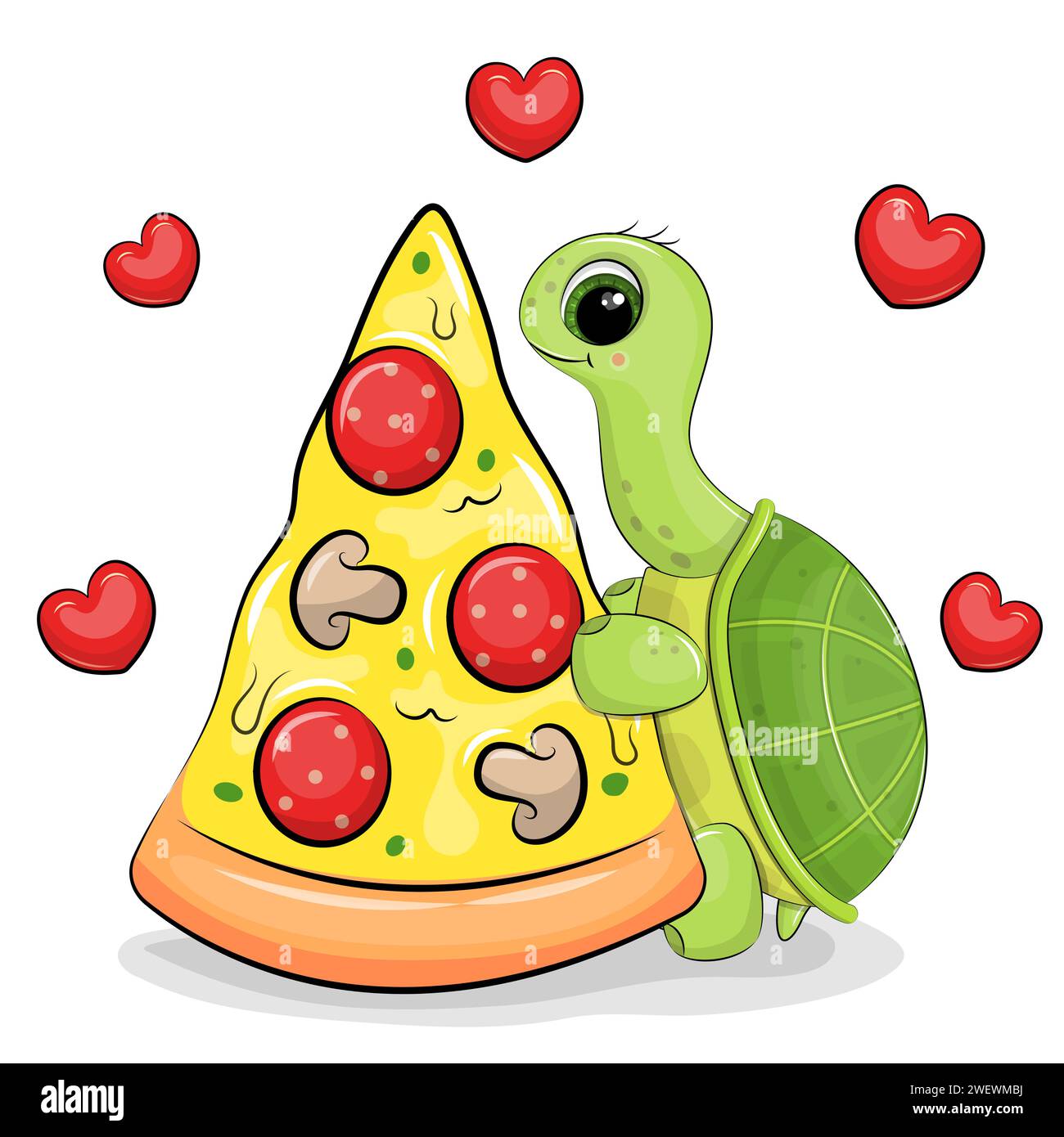 Cute cartoon green turtle with a big piece of pizza. Vector ...