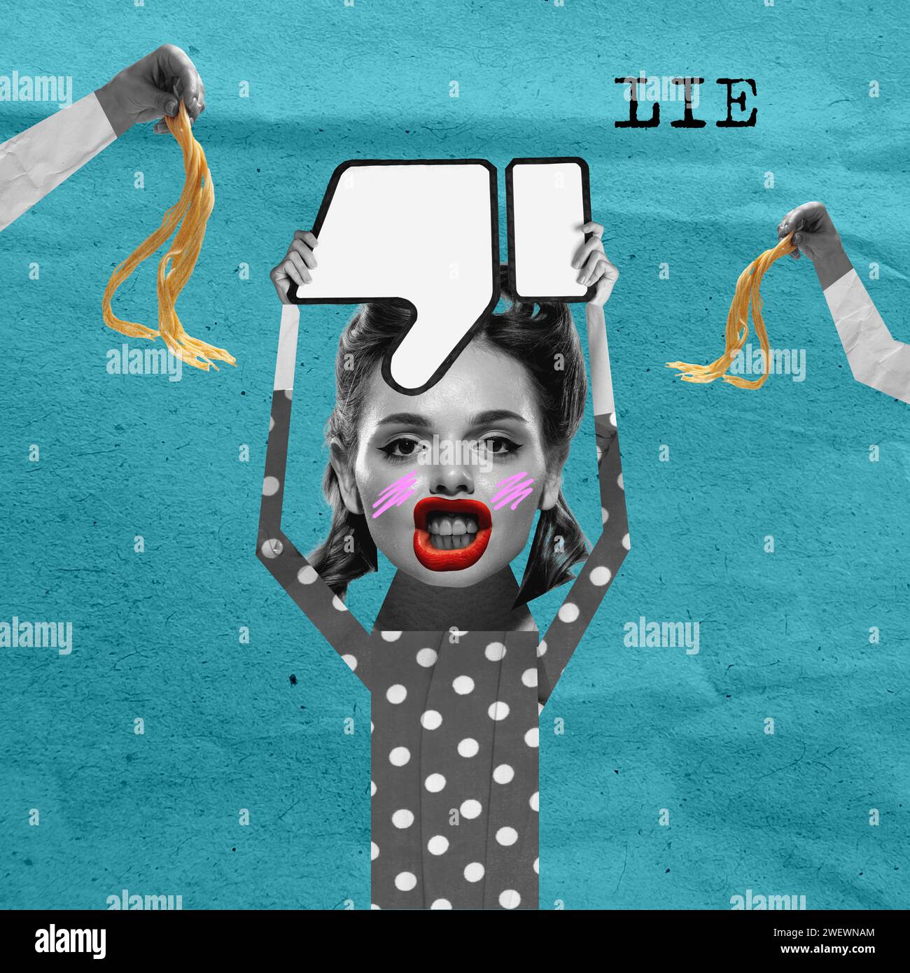 Pulling the wool over the eyes. Woman with giant dislike symbol over ...