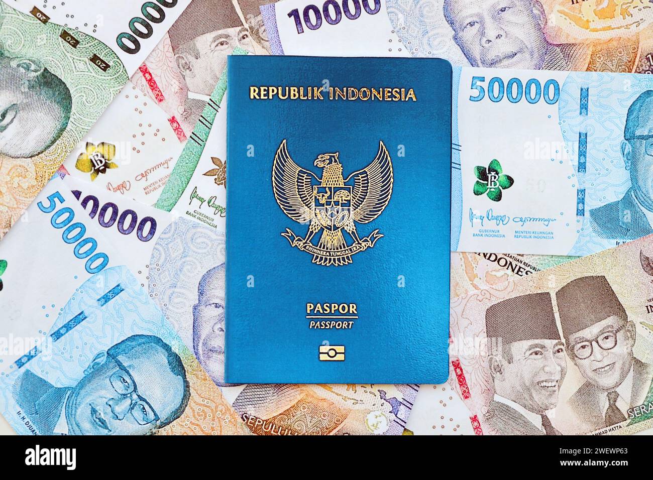 Indonesia passport and many indonesian rupiah currency money bills ...