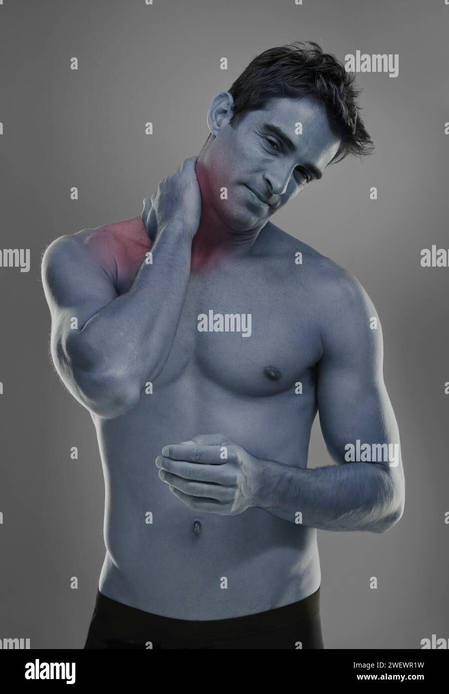 Man, neck pain or portrait in studio for medical crisis or muscle ...