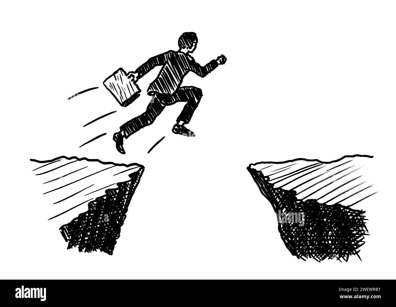 Hand drawn pen sketch of a businessman with portfolio in hand jumping ...