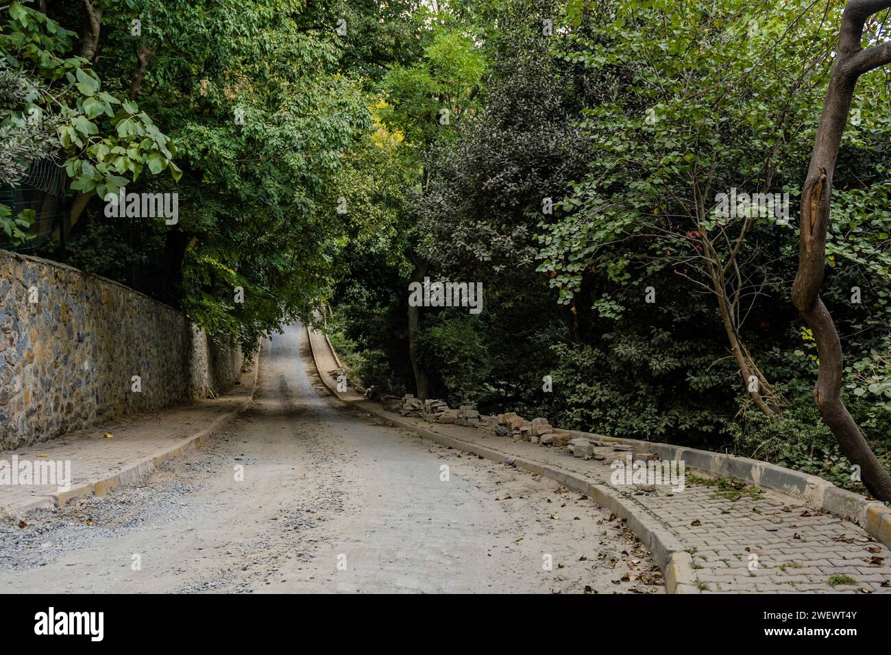 One lane rural road under treeline along old castle road in Istanbul ...