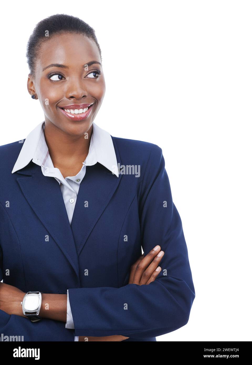 Black woman, thinking and arms crossed with idea for business with ...