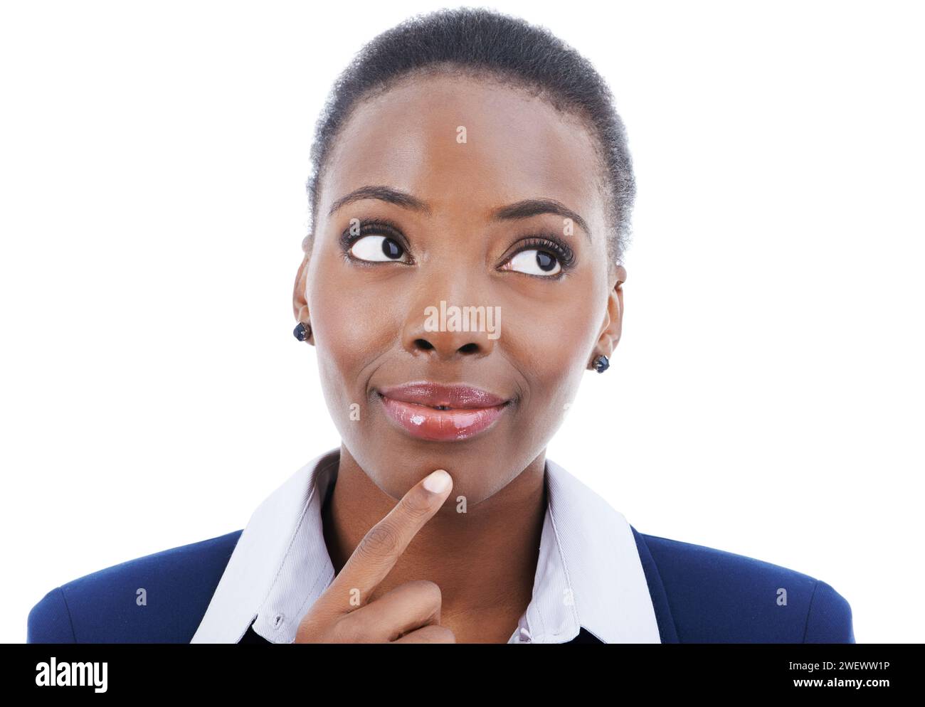 Thinking, face and black woman with questions and ideas in studio or ...
