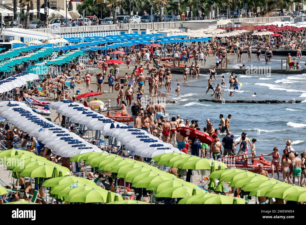 Bathers on the beach in Diano Marina on the Italian Riviera, 04/06/2022 ...