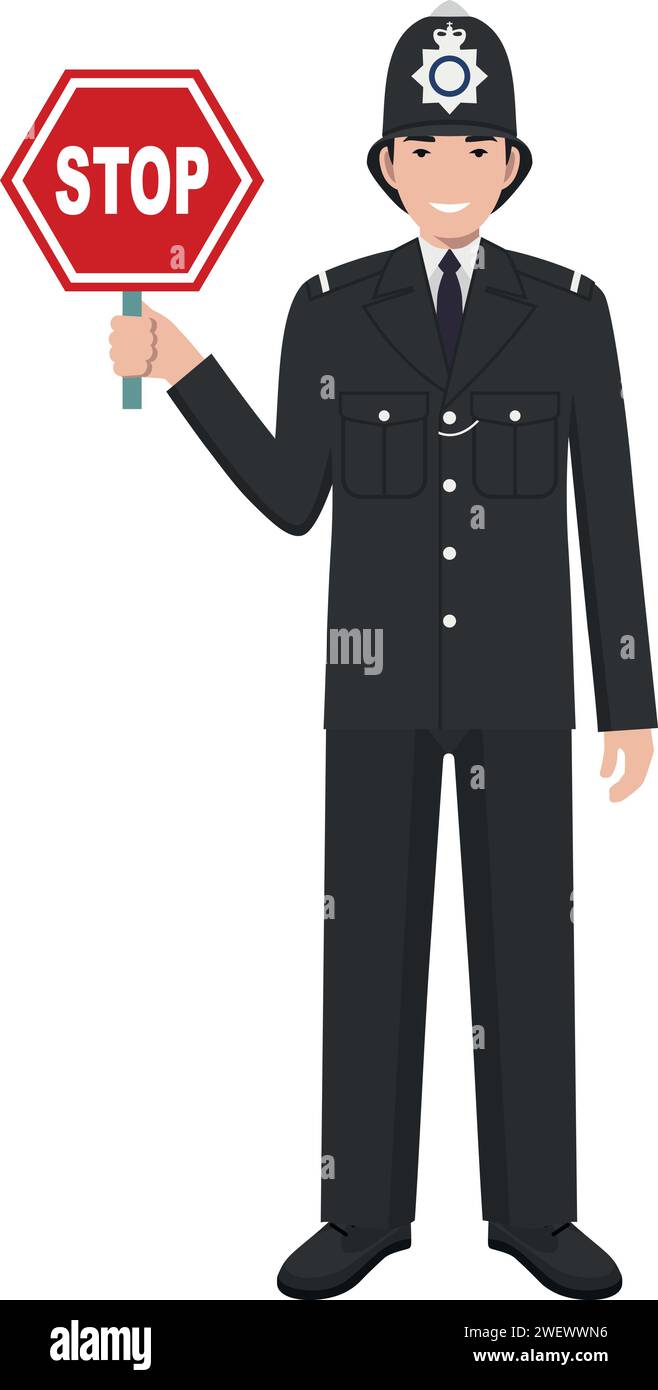 Standing British Policeman Officer with Warning Sign Stop in ...