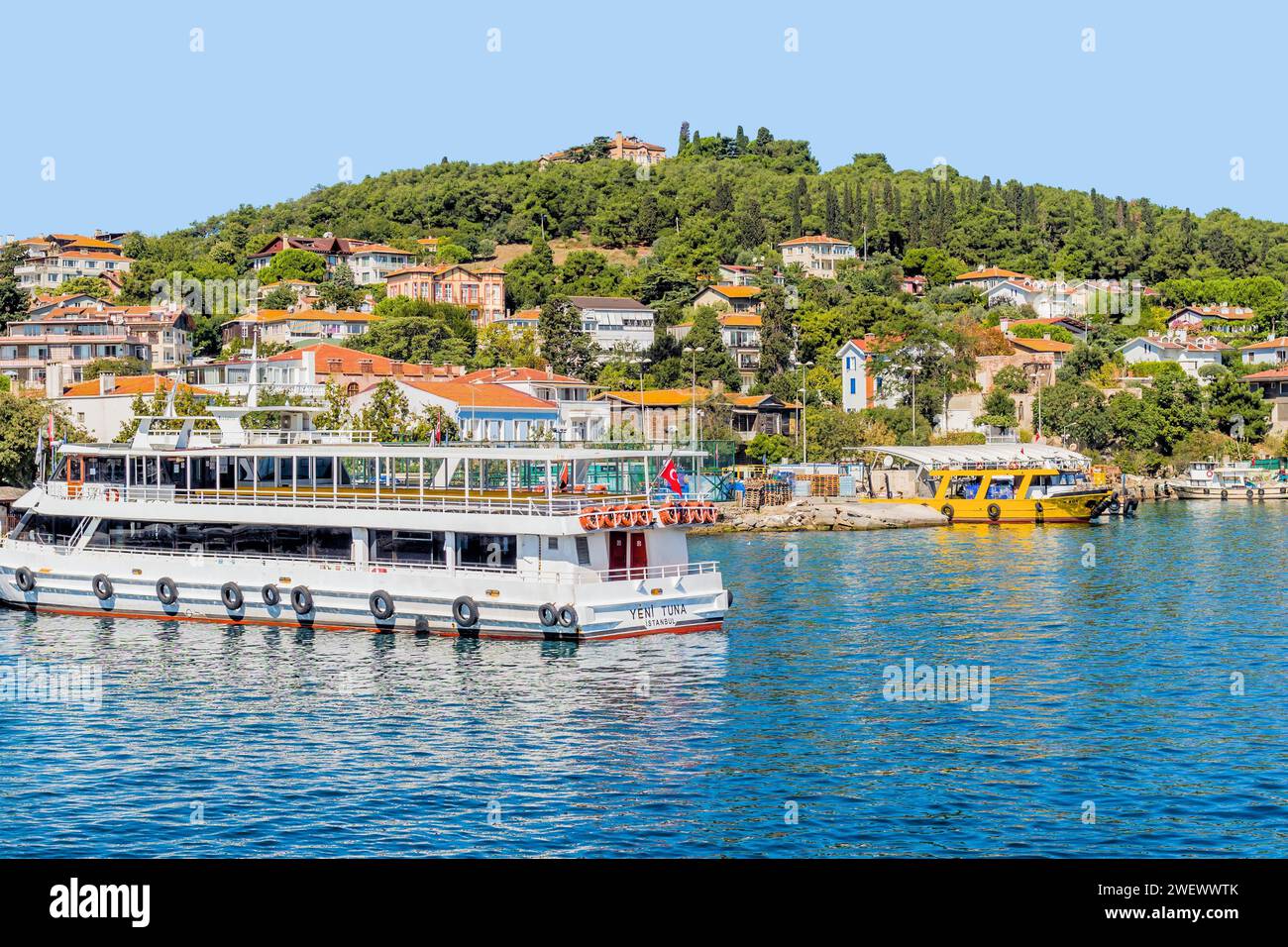 Tourist ferry docked at pier on Princess Island in Turkey. in Turkey ...