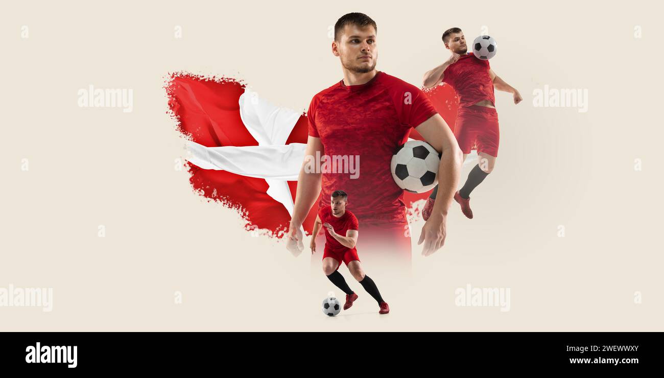 Serious man, soccer player representing team of Denmark. Danish flag on ...