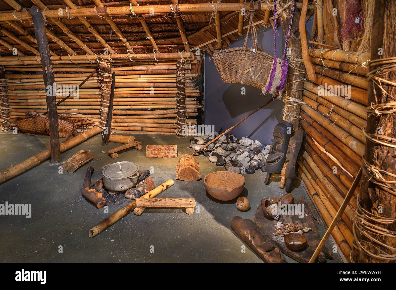 Replica of a South Sea hut, interior with fireplace, South Sea ...