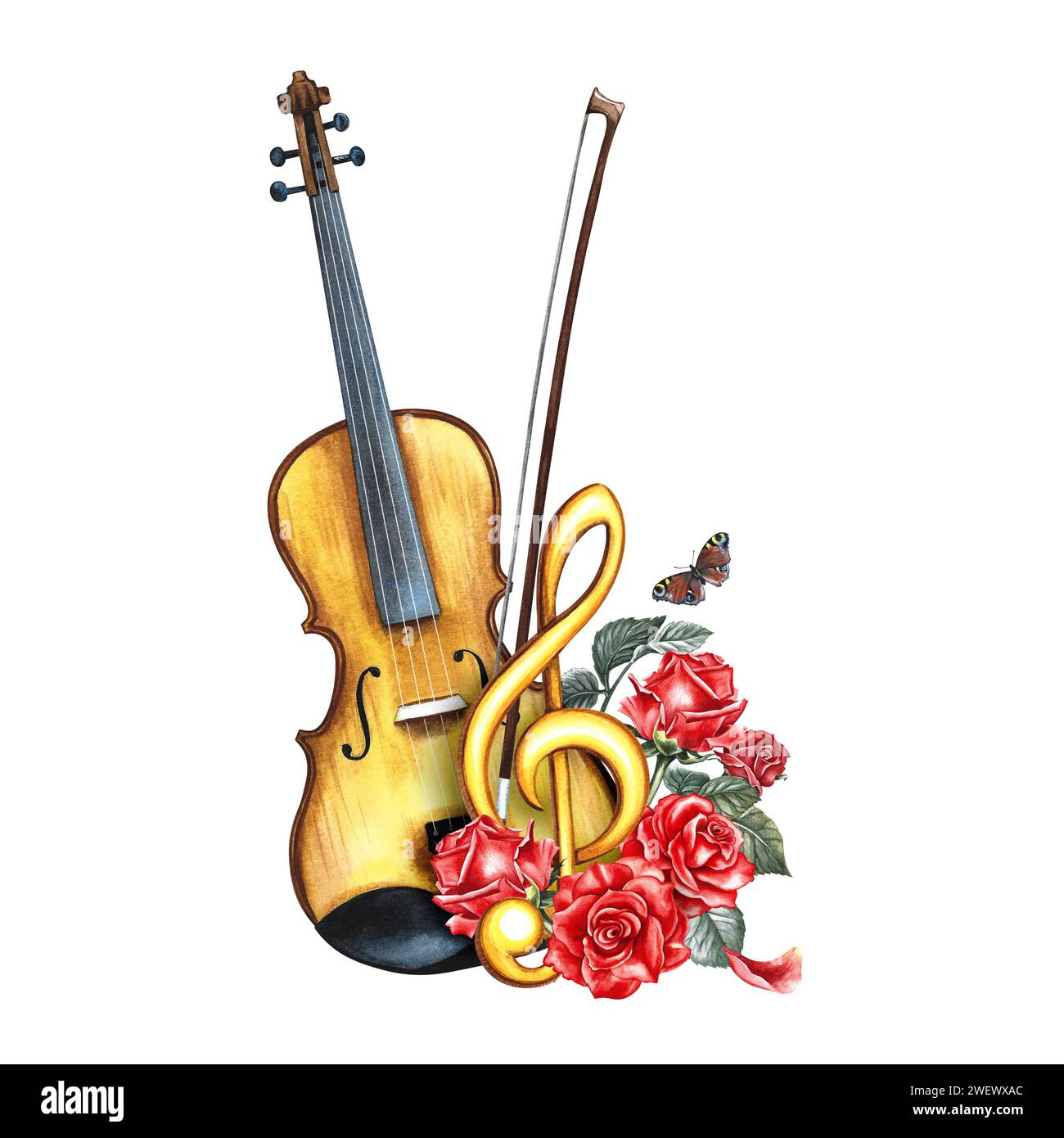 A violin decorated with red roses and a golden treble clef. The ...