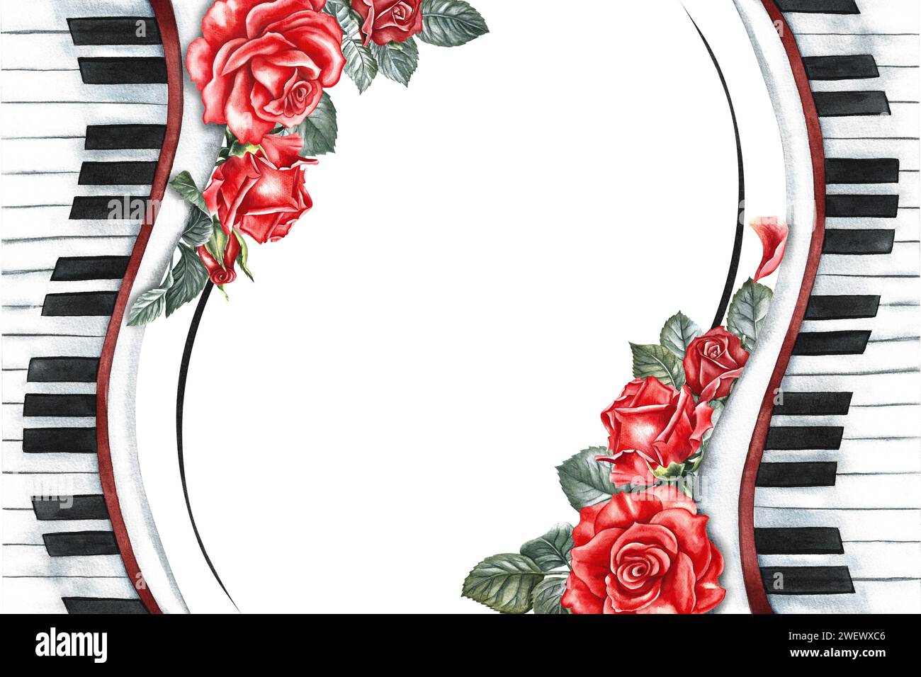 Border frame with musical piano keys decorated with roses. The ...