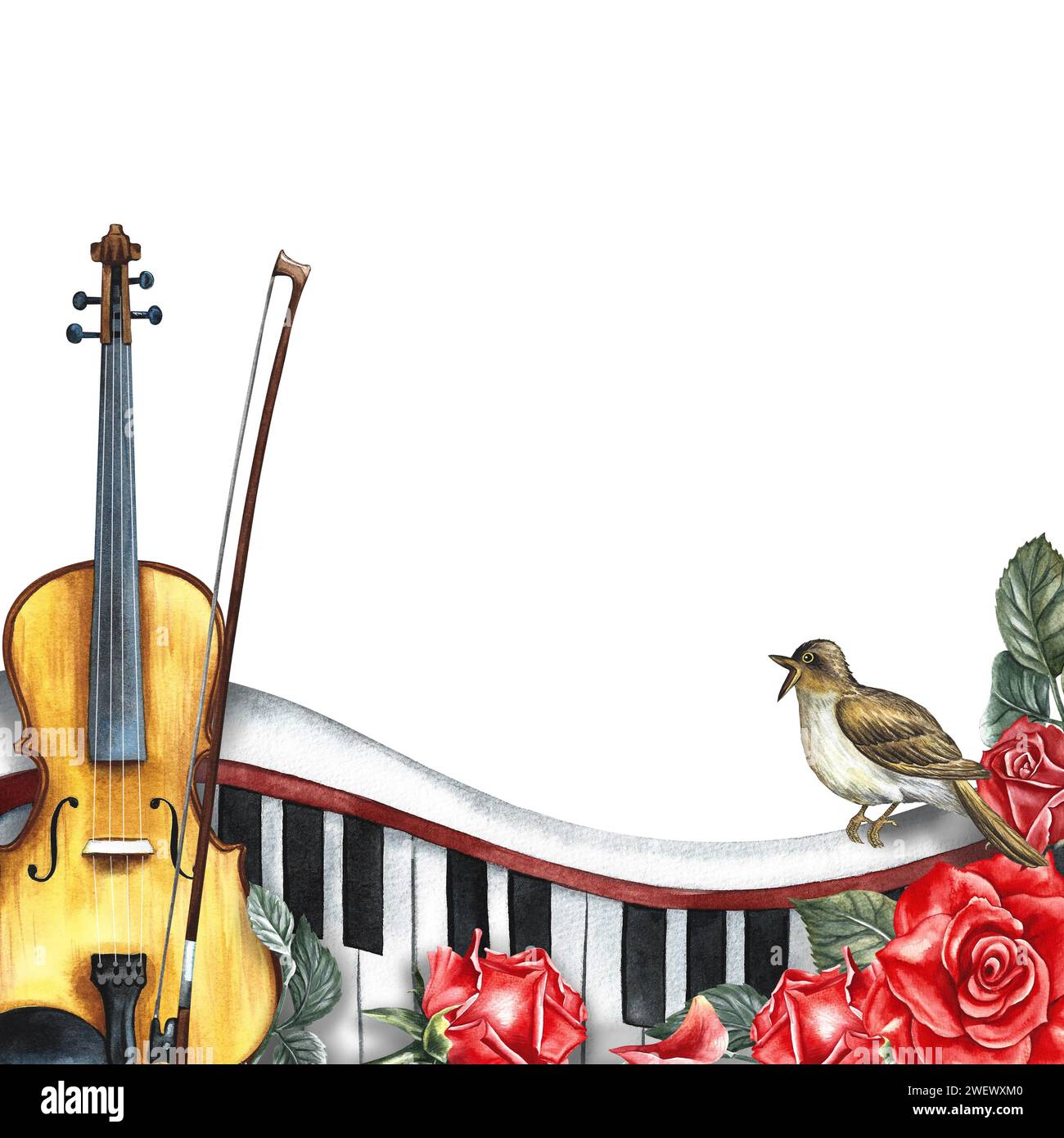 The frame is musical with a violin, piano keys, roses and a nightingale ...