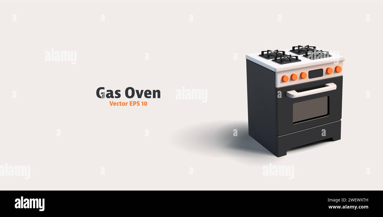 Kitchen gas stove with oven, 3d cartoon render detailed vector icon ...