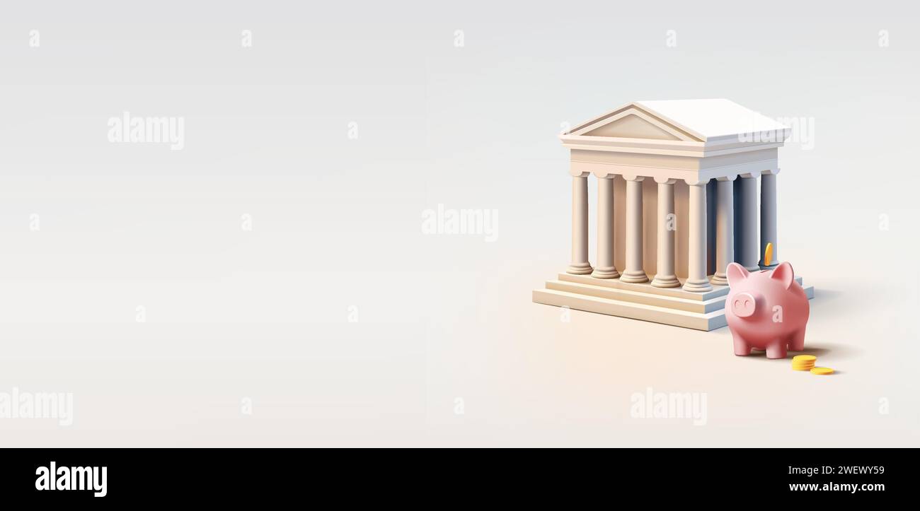 Bank Building 3d realistic render illustration with piggy bank savings ...