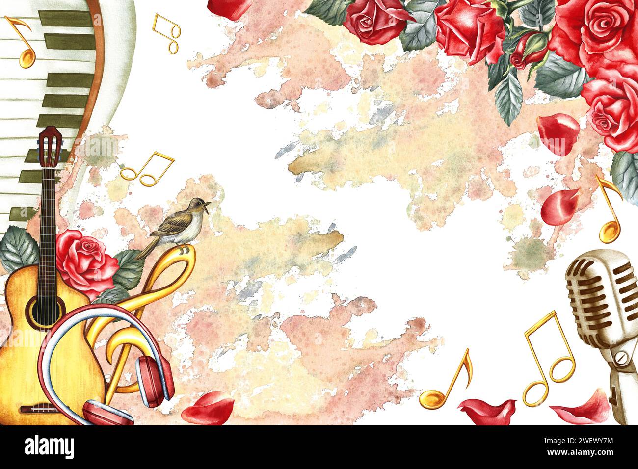 The frame is musical with a guitar, roses and piano keys on watercolor ...