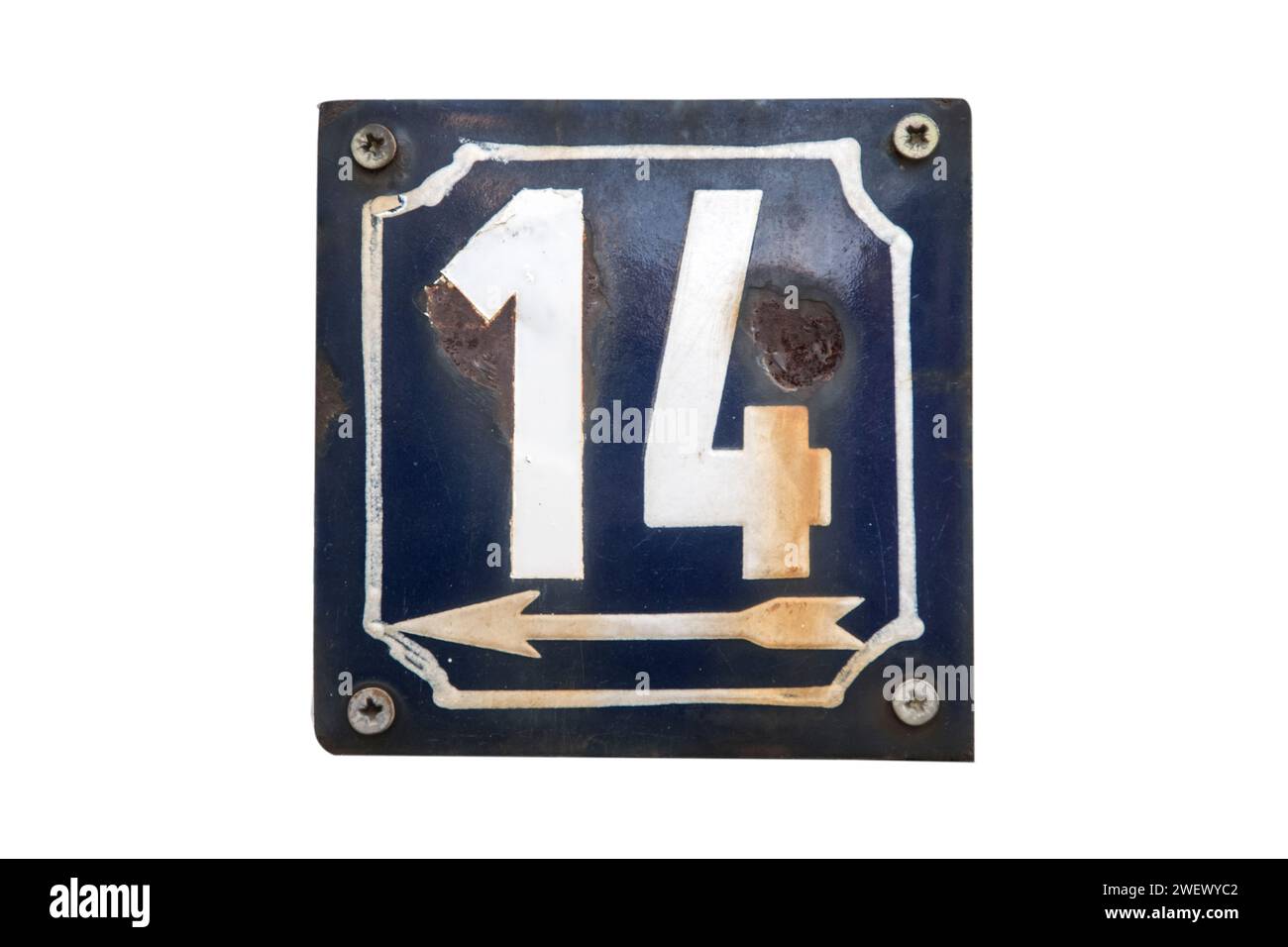 Weathered grunge square metal enameled plate of number of street ...