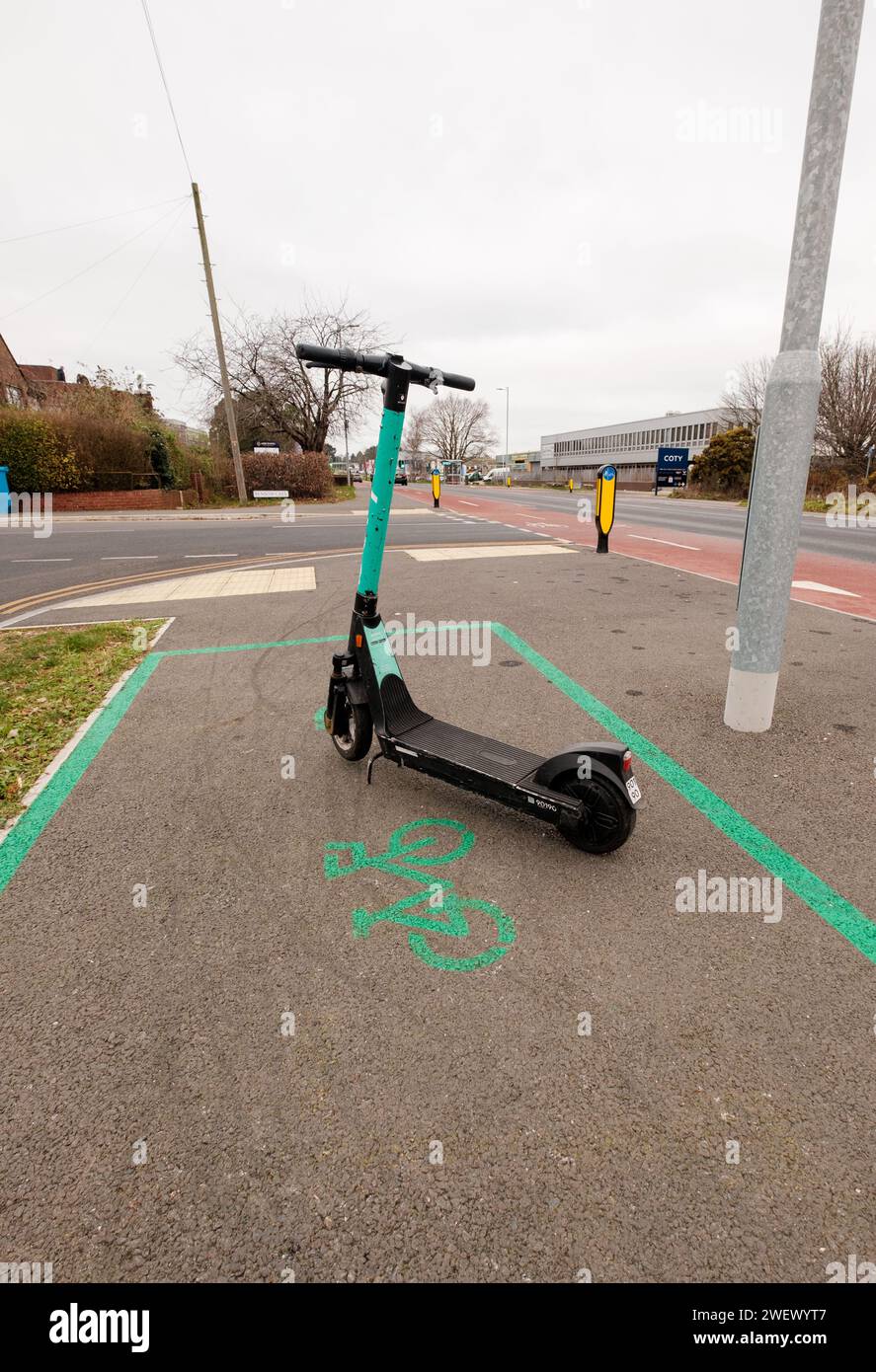 A Beryl e-scooter parked in marked bay in Wallisdown Road Bournemouth ...