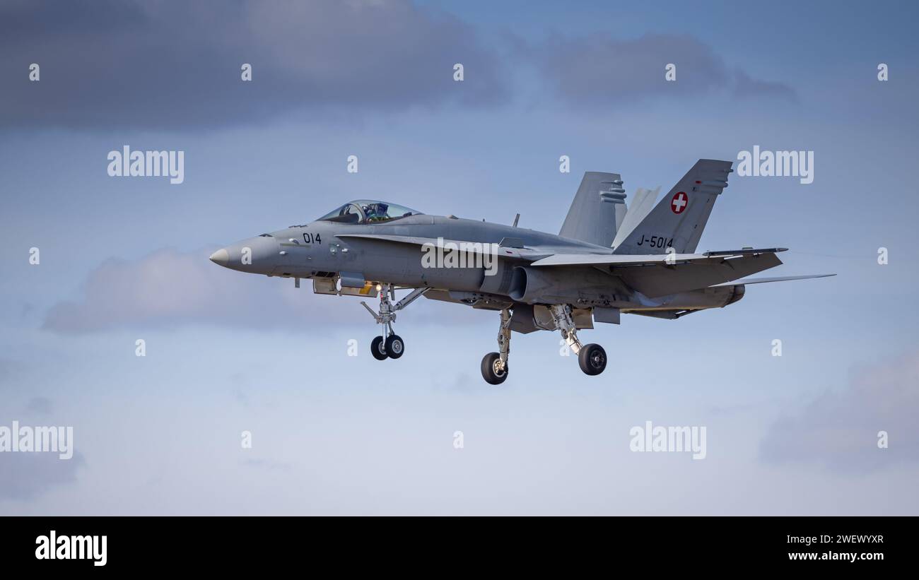 Fairford, UK - 14th July 2022: A Swiss Airforce F18 fighter jet, flying ...