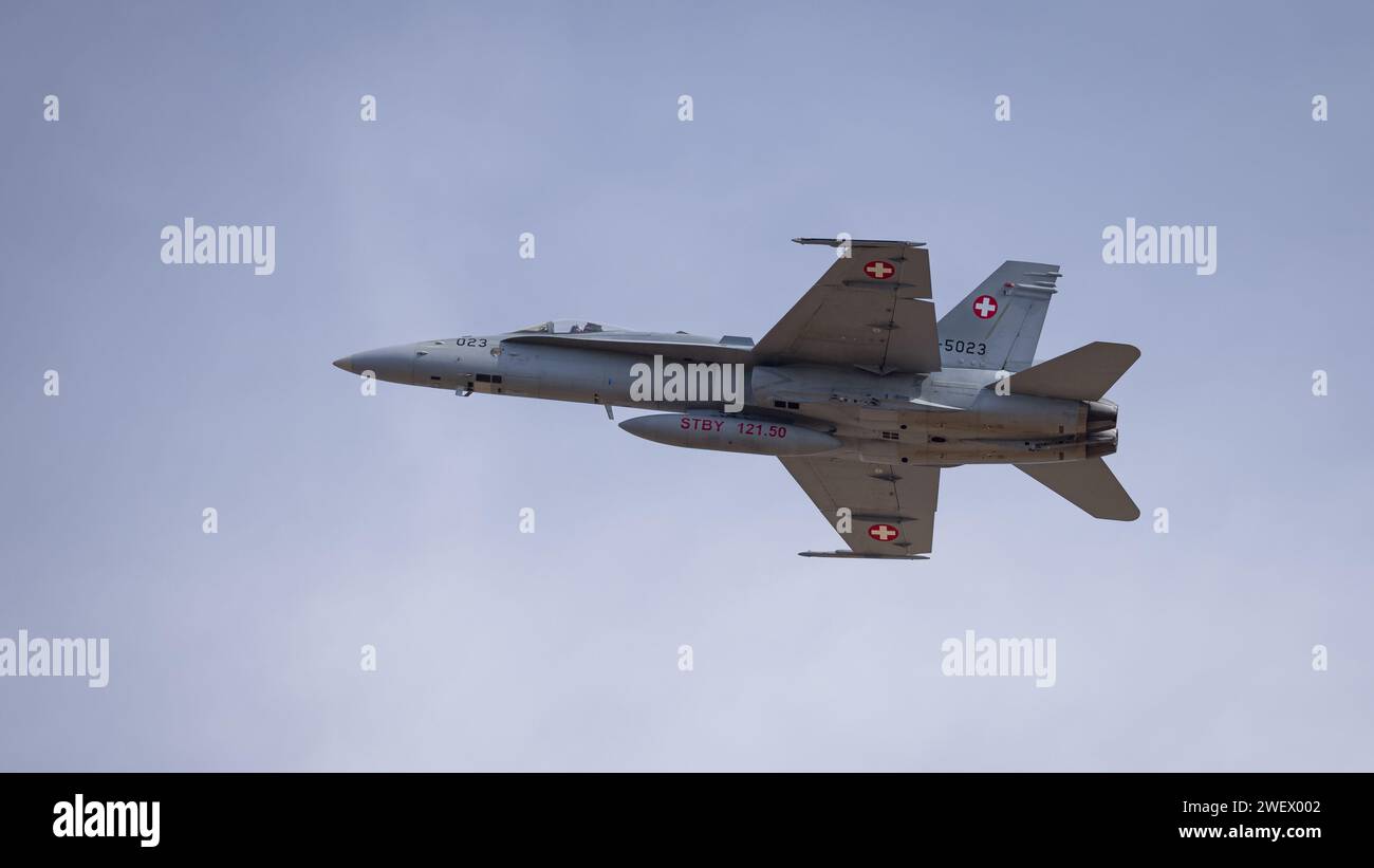 Fairford, UK - 14th July 2022: A Swiss Airforce F18 fighter jet, flying ...
