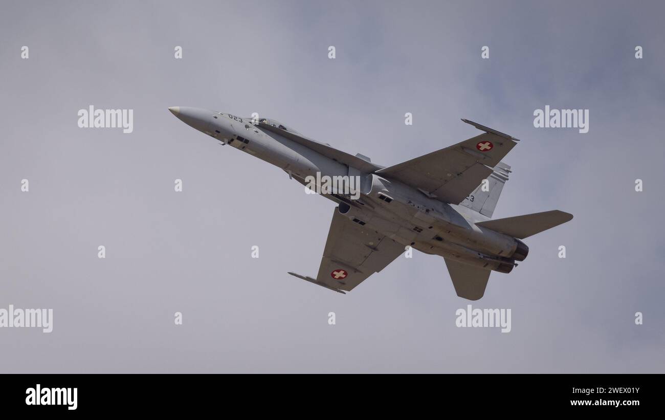 Fairford, UK - 14th July 2022: A Swiss Airforce F18 fighter jet, flying ...
