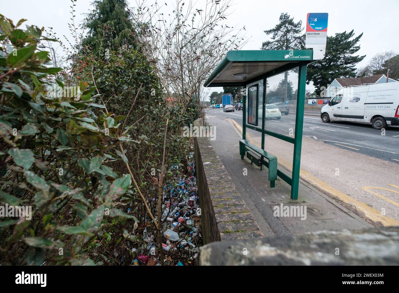 Huge amounts of litter build up next to bus stop in Bournemouth Dorset ...