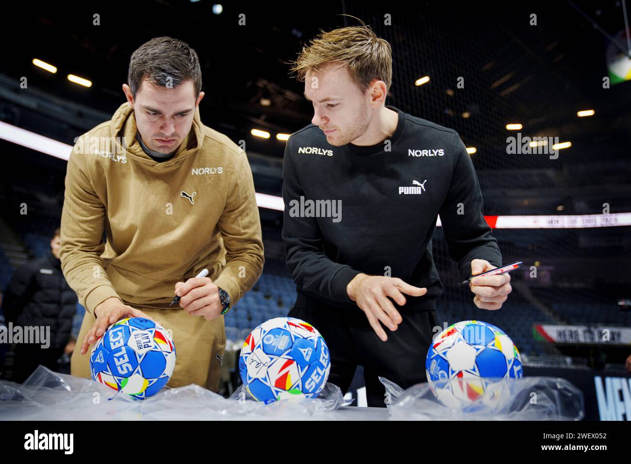 Rasmus Lauge and Mathias Gidsel during a press session with Denmark in ...