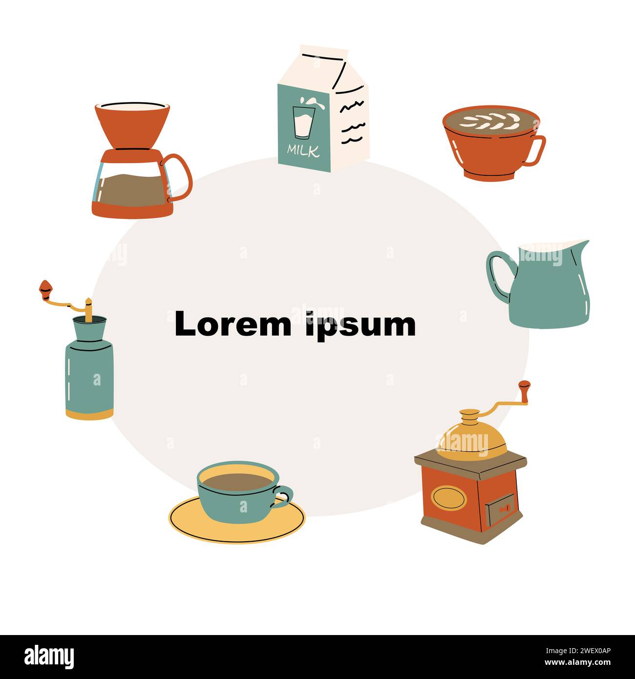 Coffee brewing equipment pots round banner background with copy space ...