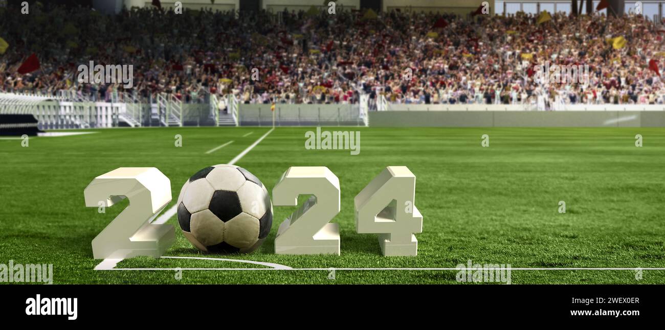 Soccer ball on grass with 2024 of large numerals at crowded stadium. 3D ...