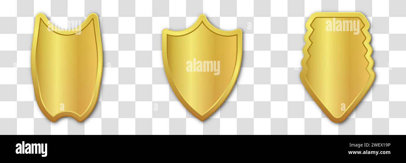 Shield with glossy bright golden frame isolated on red background. VIP ...