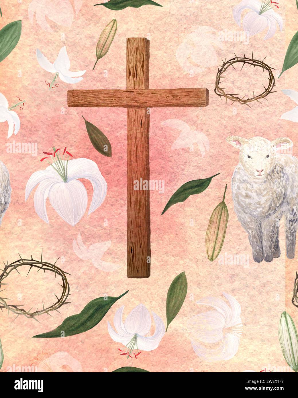 Watercolor wooden cross and lilies card for Easter, holy Thursday, religious seamless pattern on ...