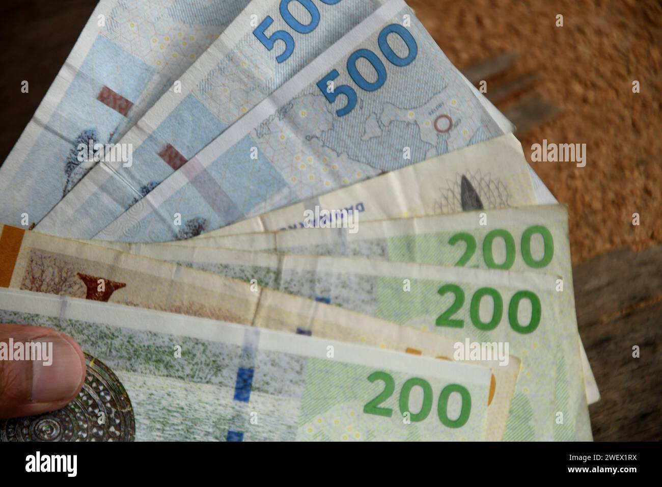 Copenhagen, Denmark /7January 2024/. Danish kroner currency notes in ...