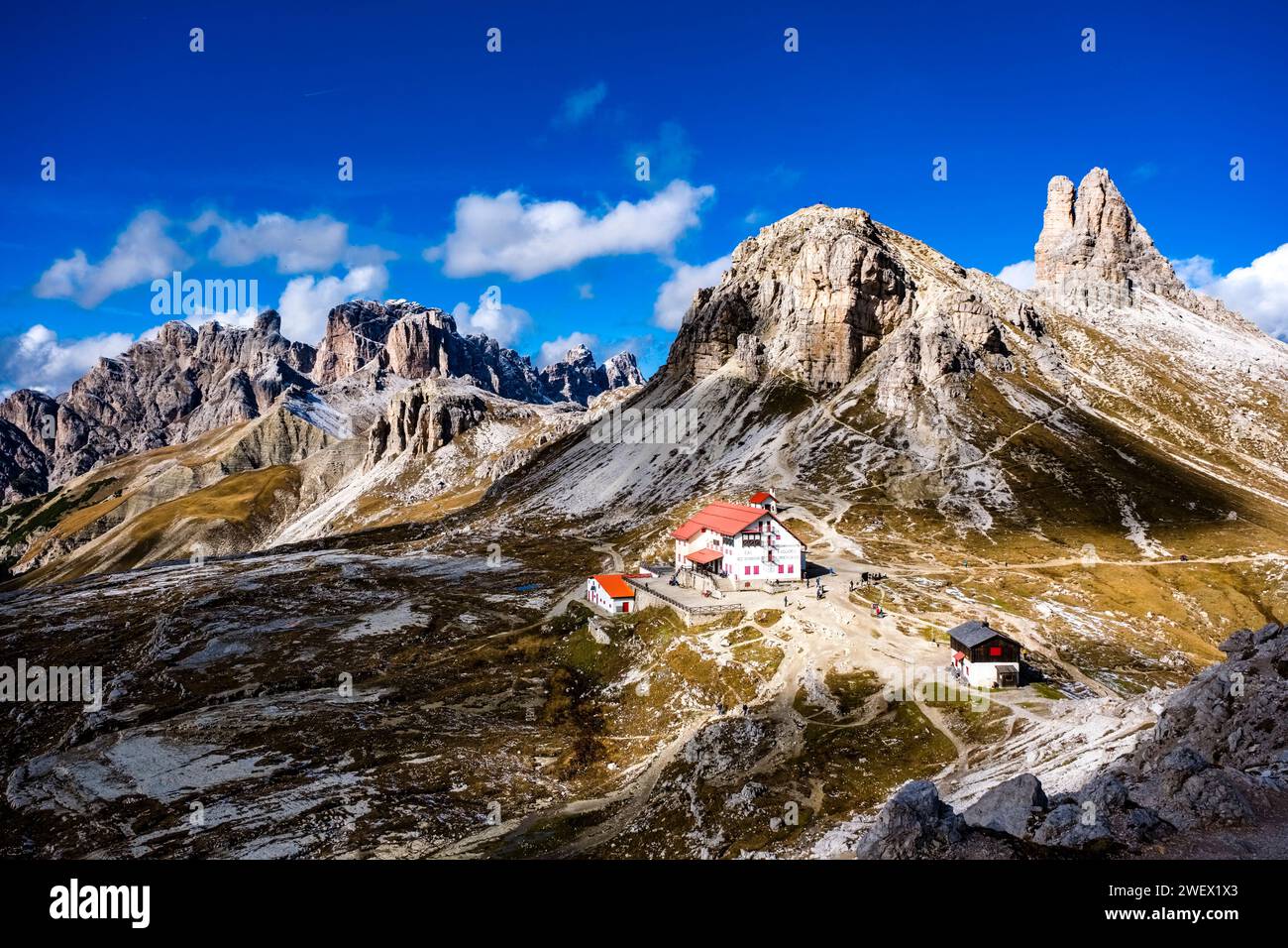 The mountain hut Rifugio Locatelli in Tre Cime National Park, the ...