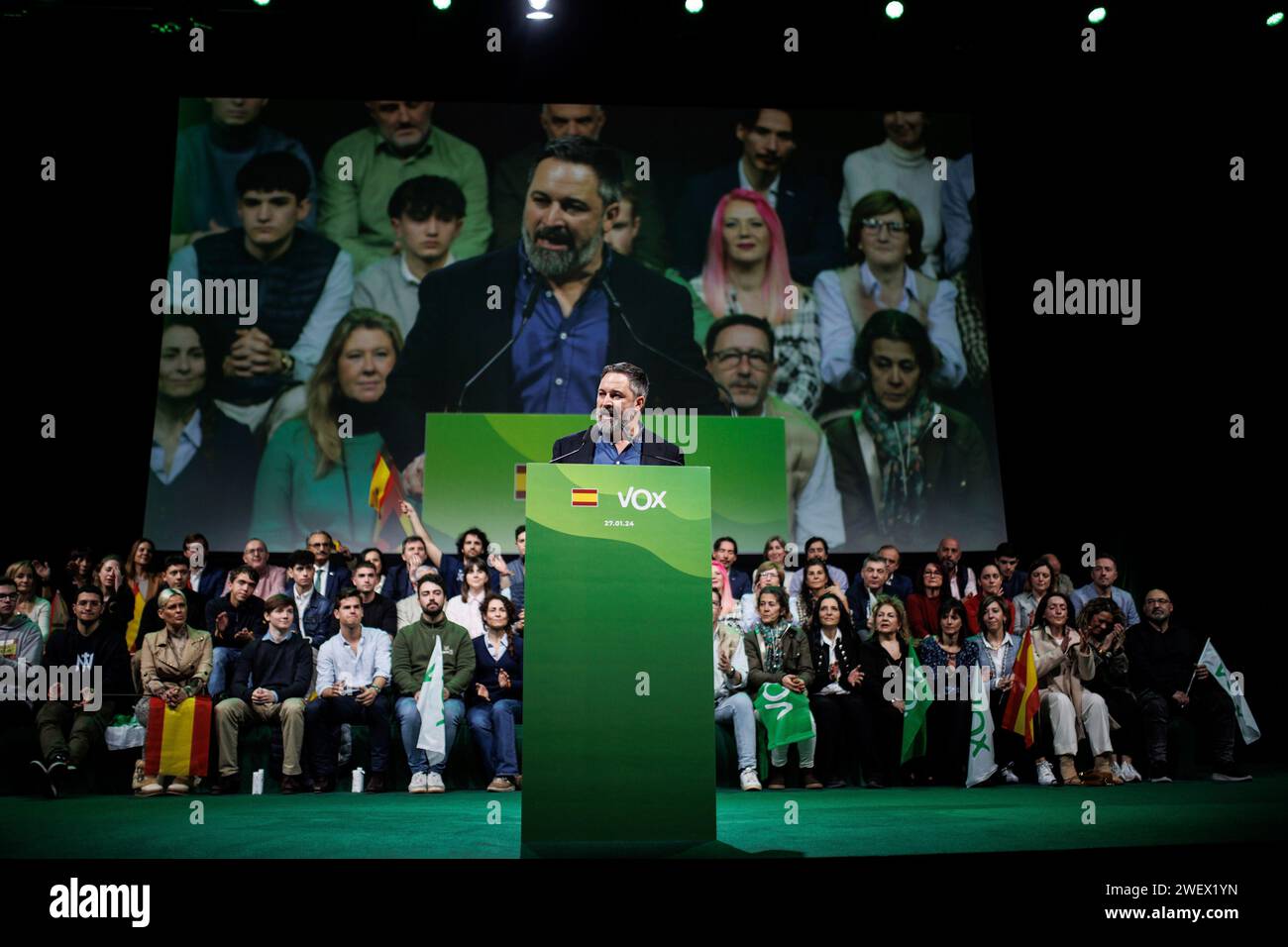 Vox leader, Santiago Abascal, speaks during the Vox leader's re ...